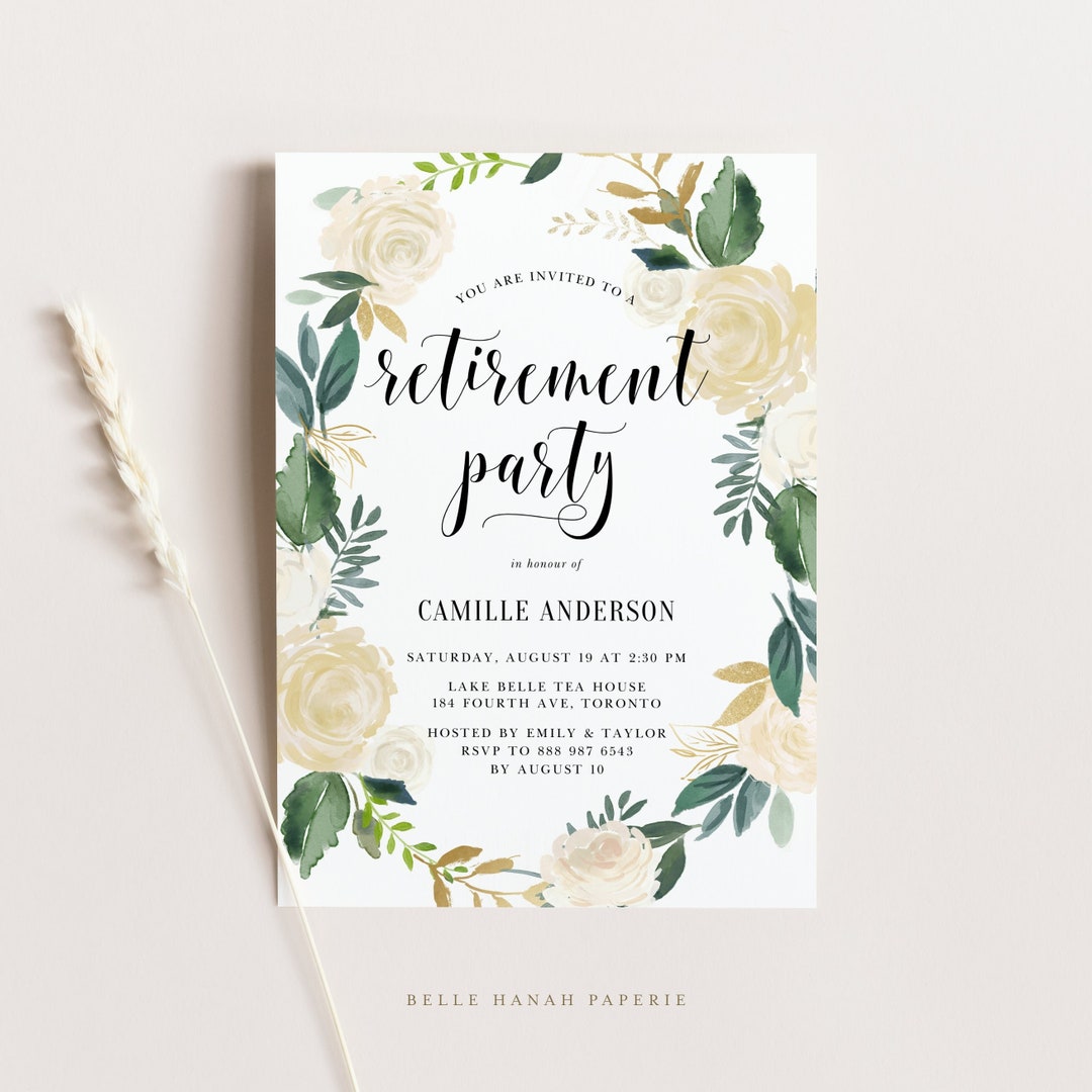 Printable Floral Wreath Retirement Party Invitation Template - DIY ...