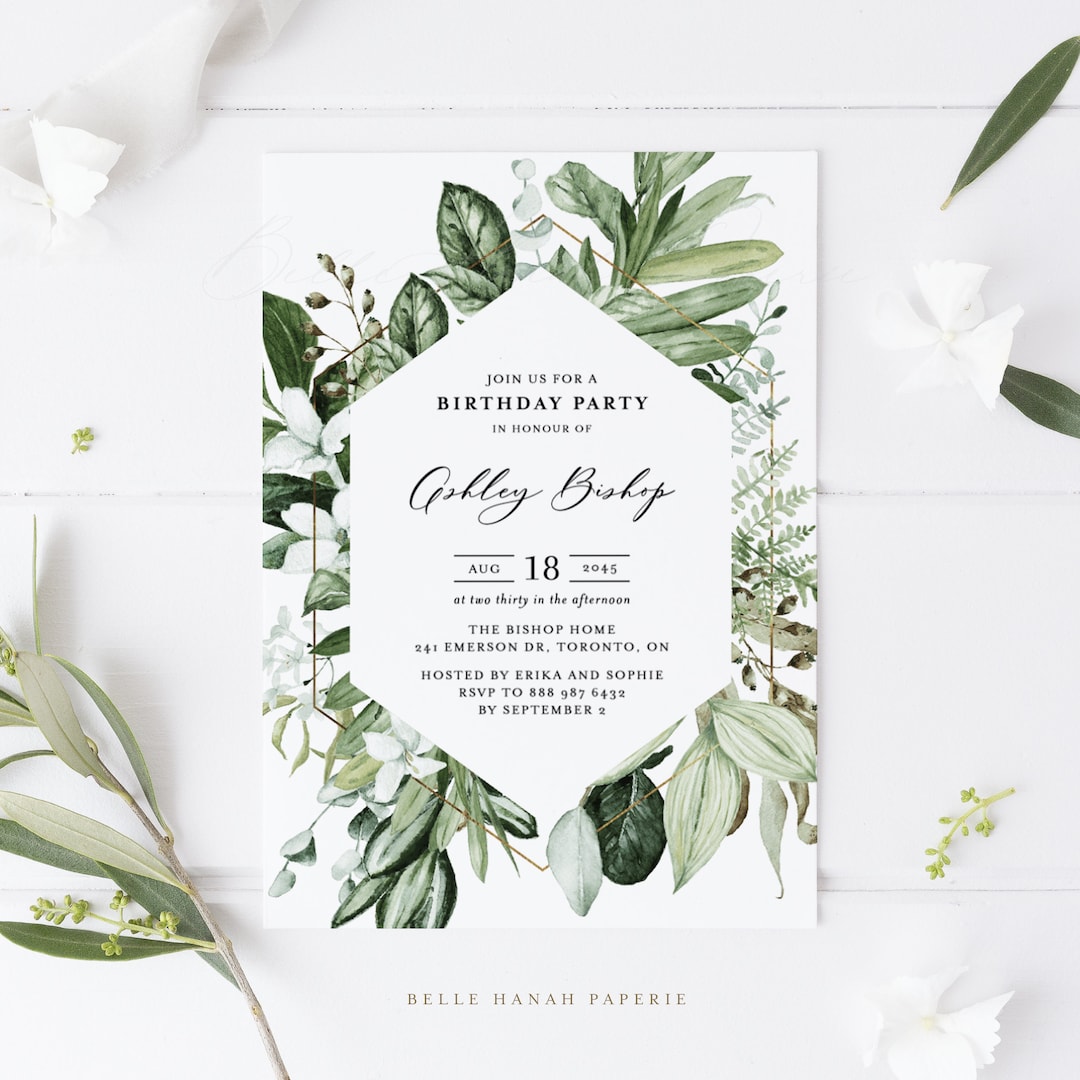 Printable Greenery Birthday Party Invitation Template - Rustic ...