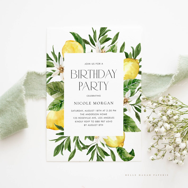 Printable Lemon Birthday Party Invitation Template - DIY Watercolor ...