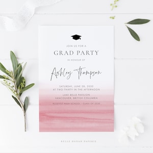 Printable Pink Ombre Graduation Invitation Template - Modern Watercolor ...