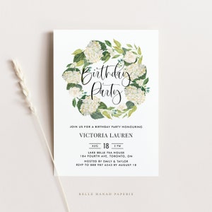 Printable Hydrangea Birthday Party Invitation Template - DIY White ...
