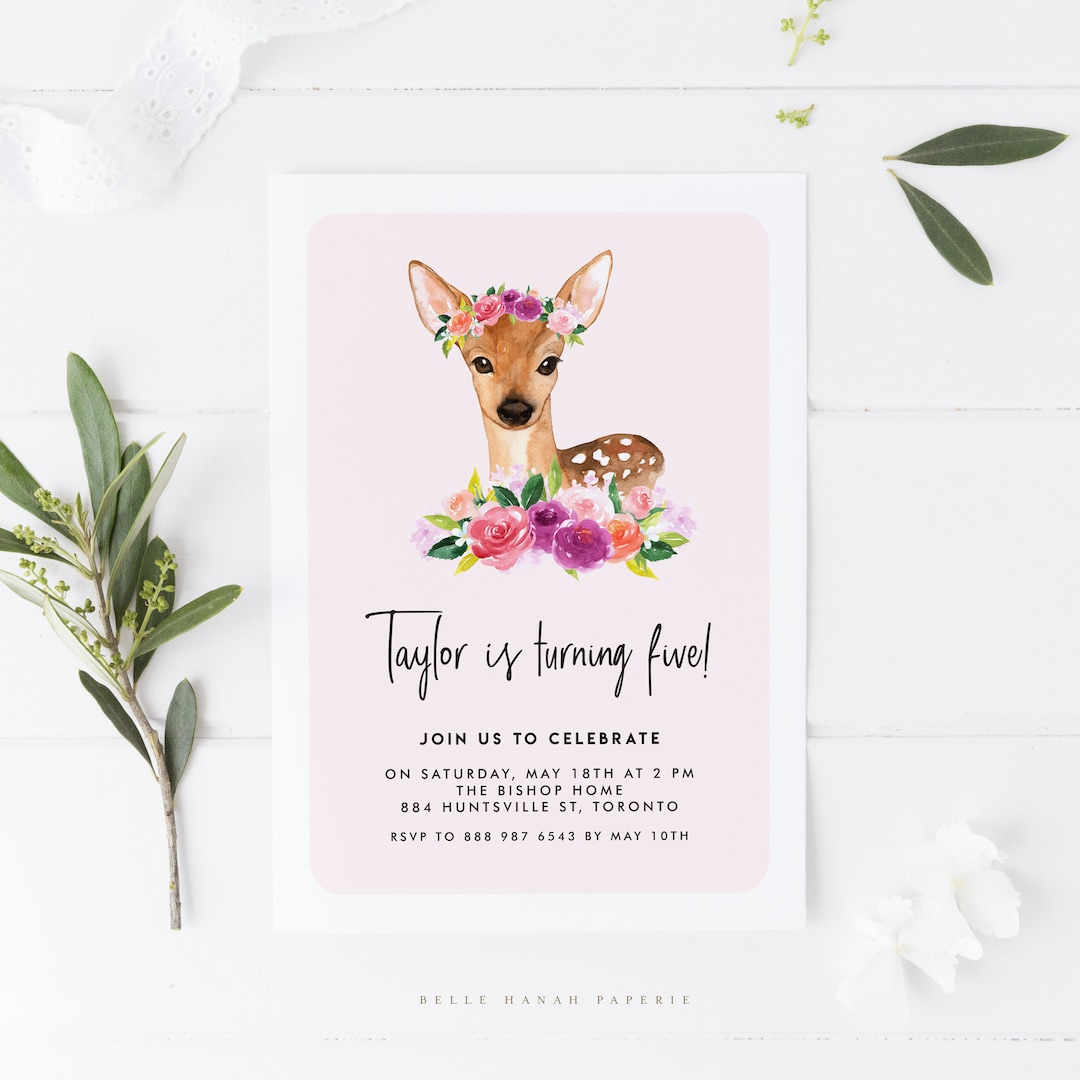 Printable Deer Kids Birthday Invitation Template - Watercolor Fawn With ...