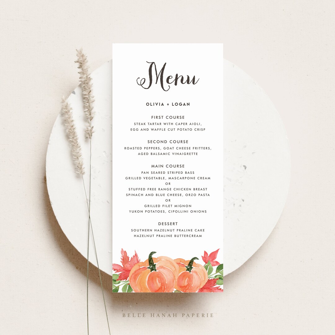 Printable Pumpkin Fall Wedding Menu Card Template - DIY 4x9 Watercolor ...