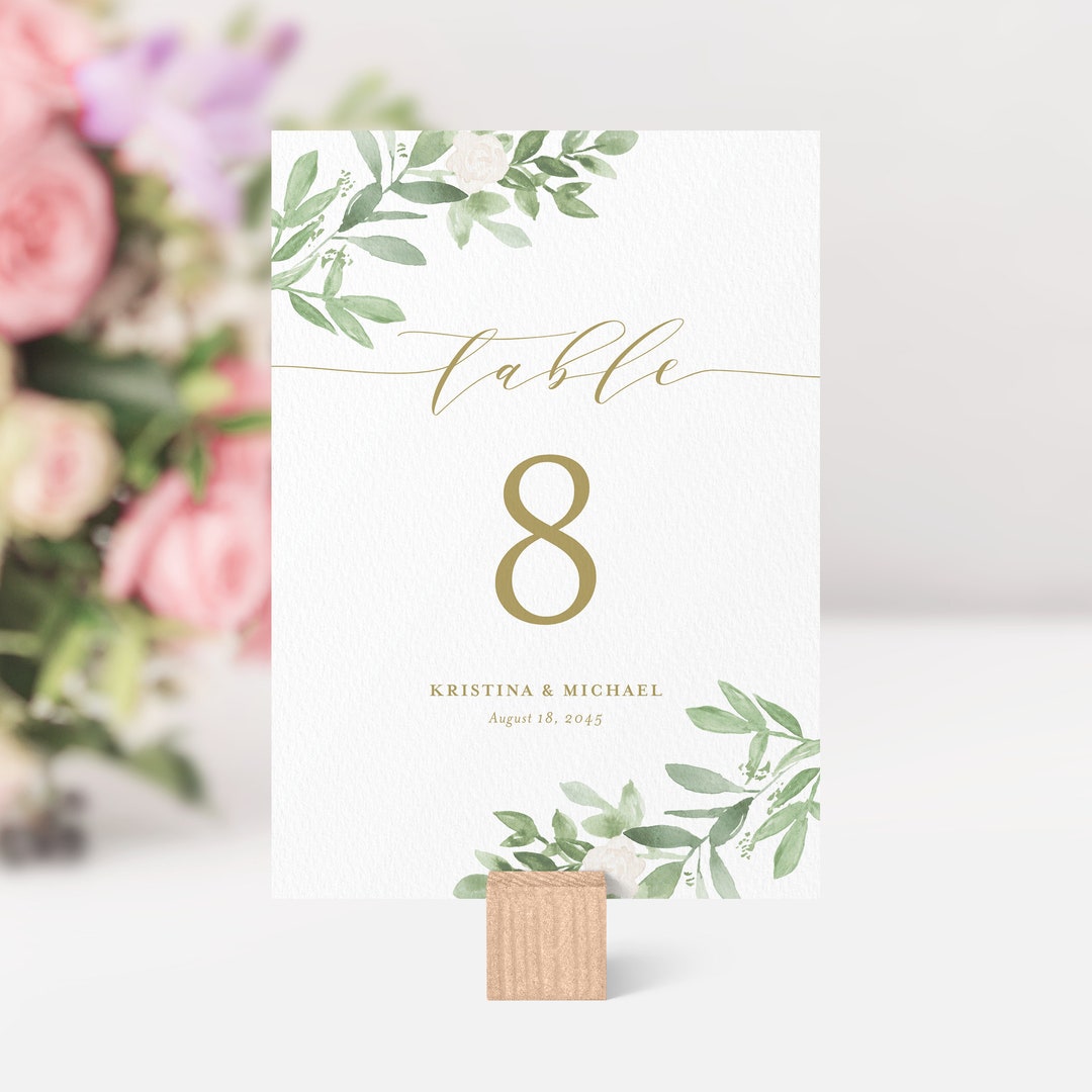 Printable Greenery Table Numbers Template - Editable 5x7 Watercolor ...