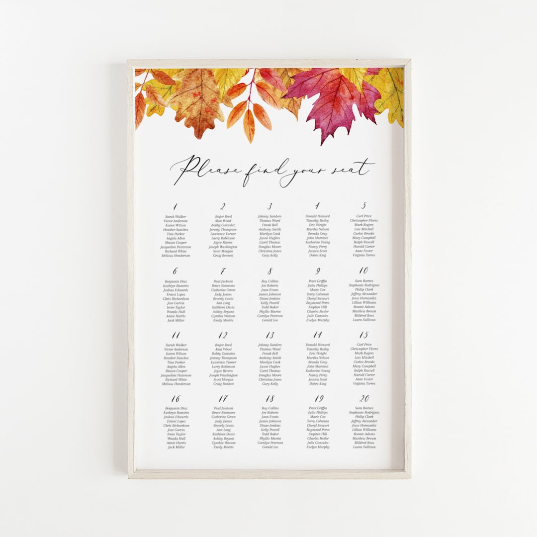Printable Rustic Fall Wedding Seating Chart Template - DIY Watercolor ...