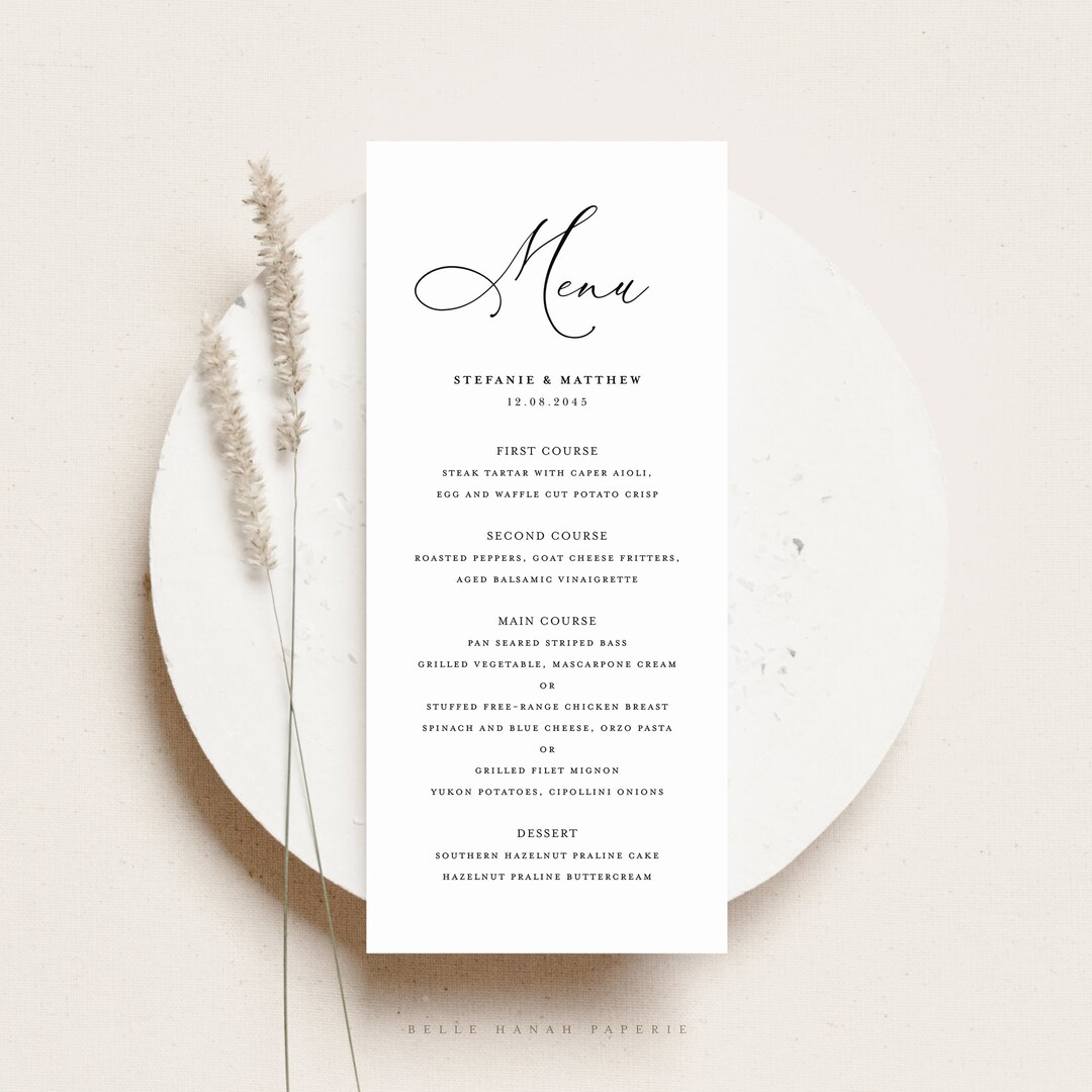 Printable Script Menu Card Template - 4x9 Elegant Beatrice Script ...