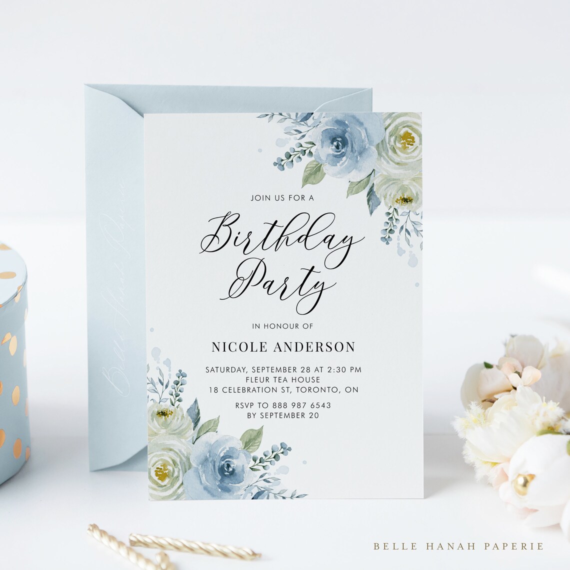 Printable Blue Floral Birthday Party Invitation Template - DIY ...