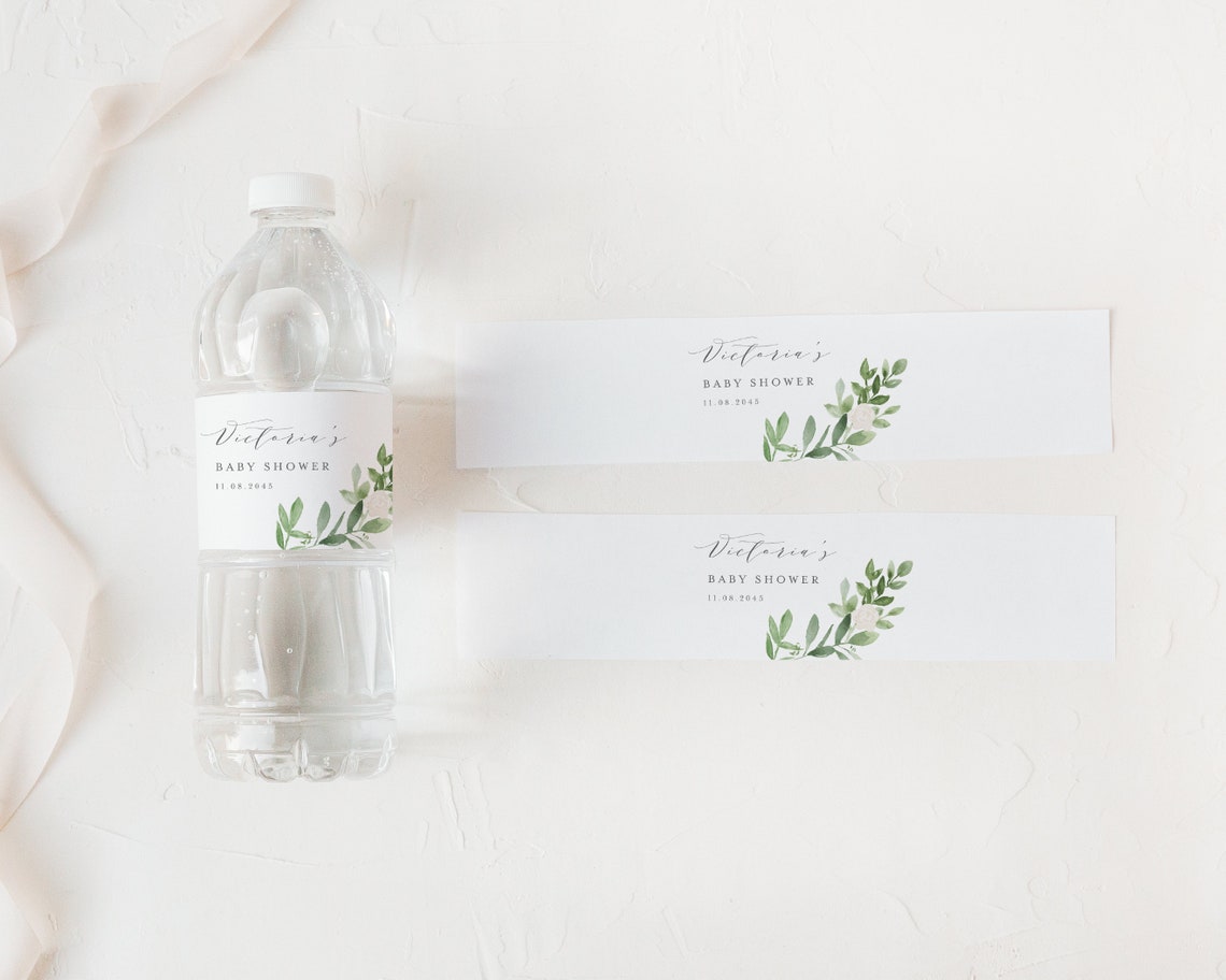 Printable Greenery Water Bottle Label Template - Greenery White Flowers ...
