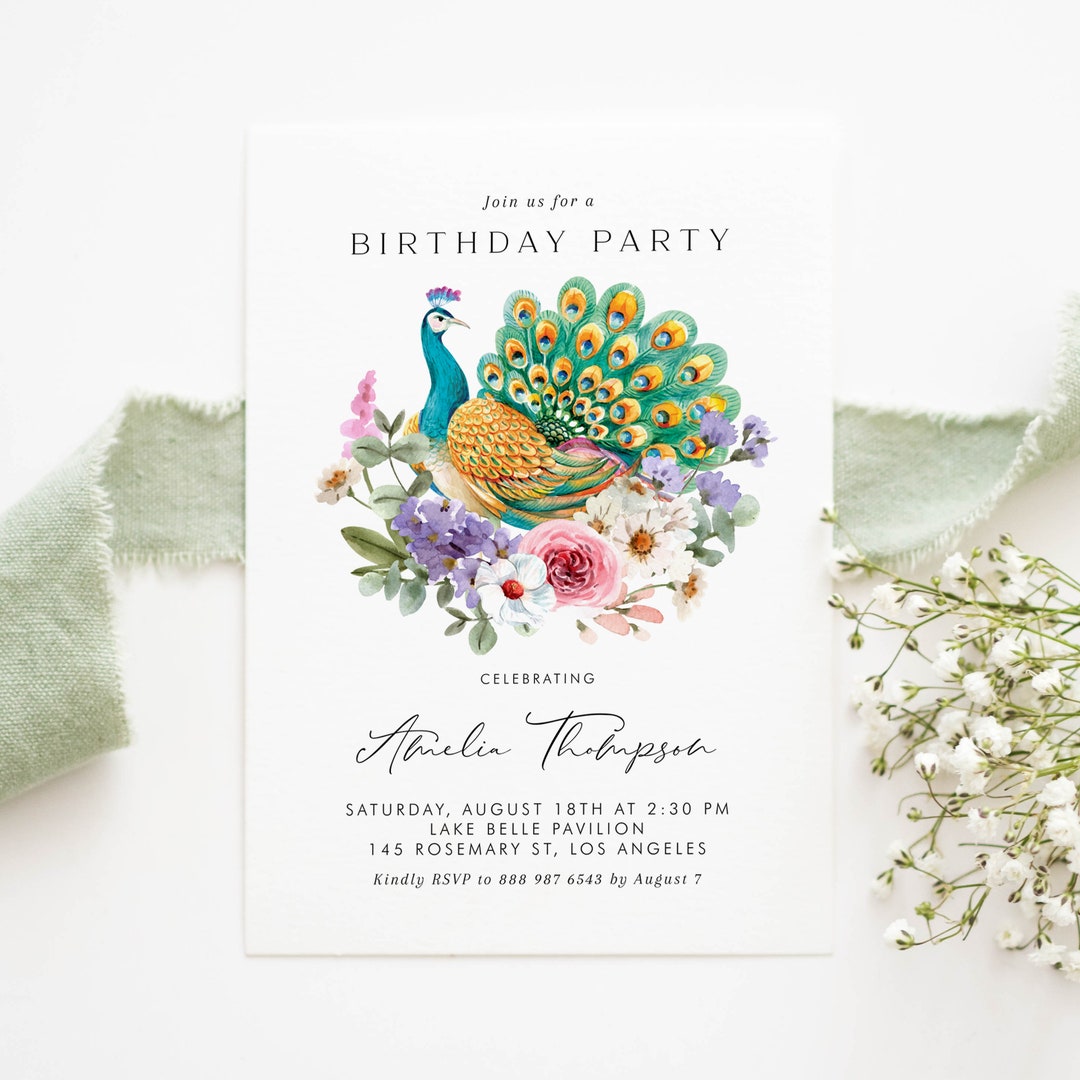 Printable Peacock Birthday Party Invitation Template - DIY Watercolor ...