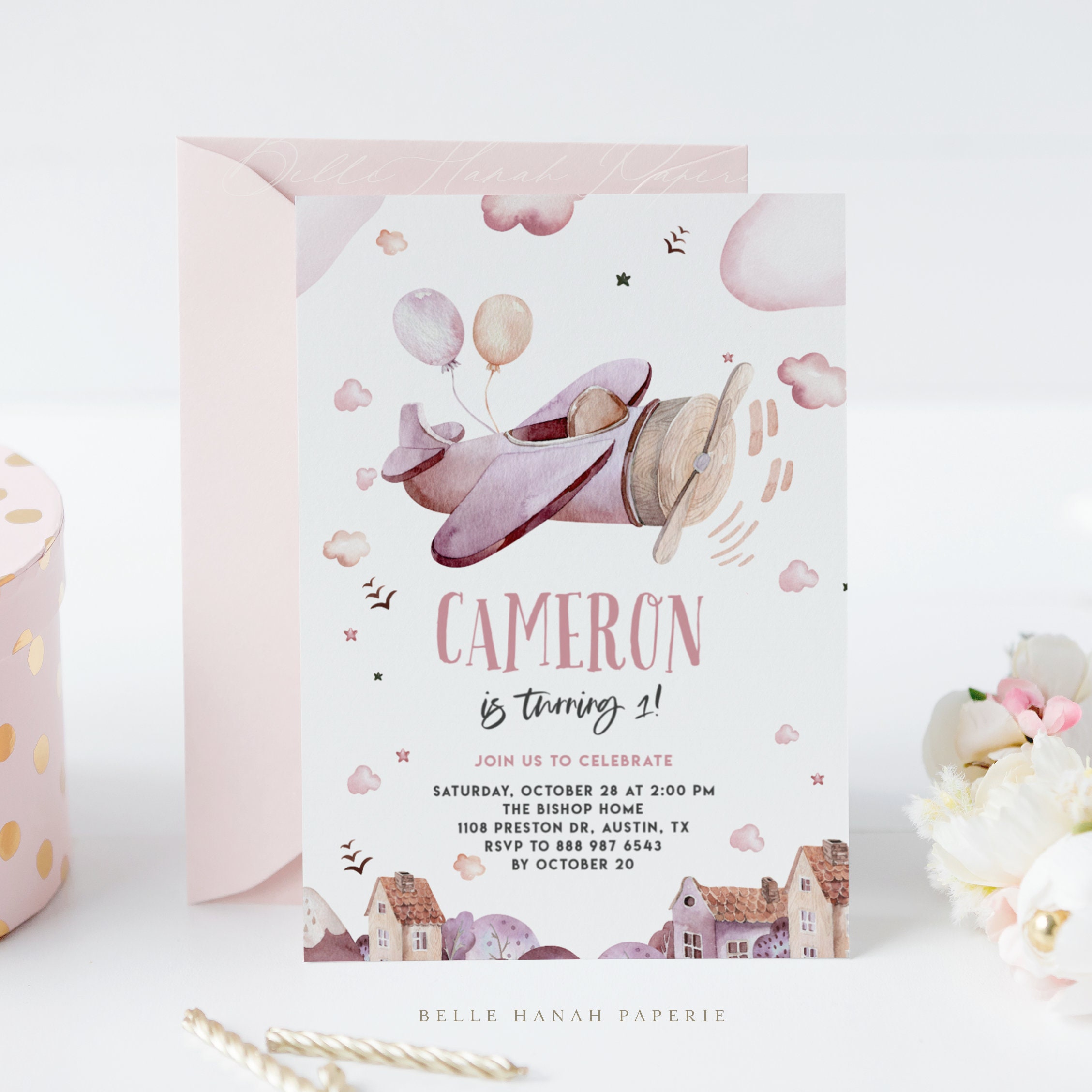 Printable Pink Vintage Airplane Birthday Party Invitation | Etsy