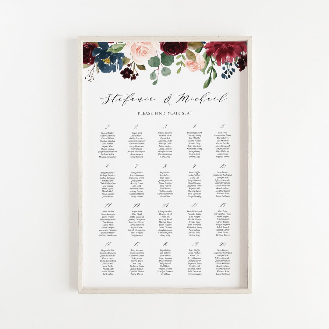DIY Fall Wedding Seating Chart Template - Printable Watercolor Burgundy ...