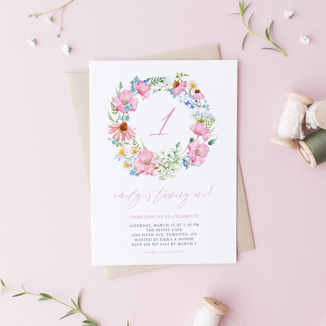Printable Pink Floral Wreath First Birthday Invitation Template ...