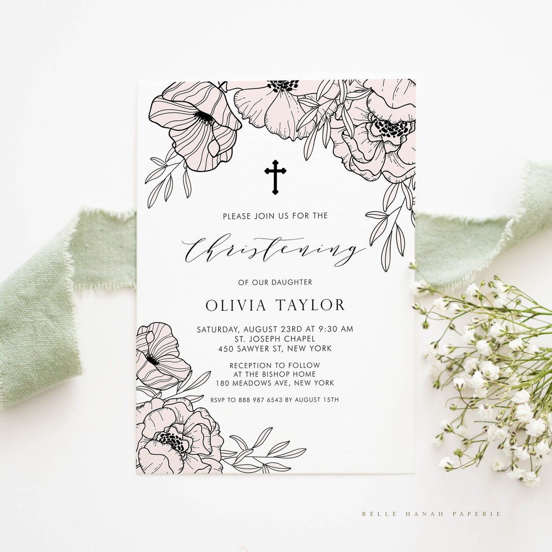 Printable Pink Floral Christening Invitation Template - DIY Modern ...
