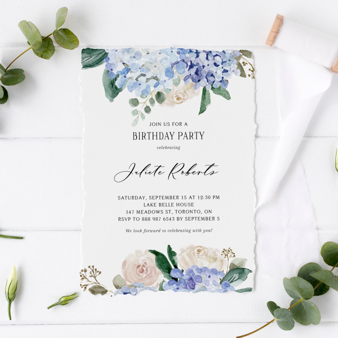 Printable Hydrangea Birthday Party Invitation Template - DIY Watercolor ...