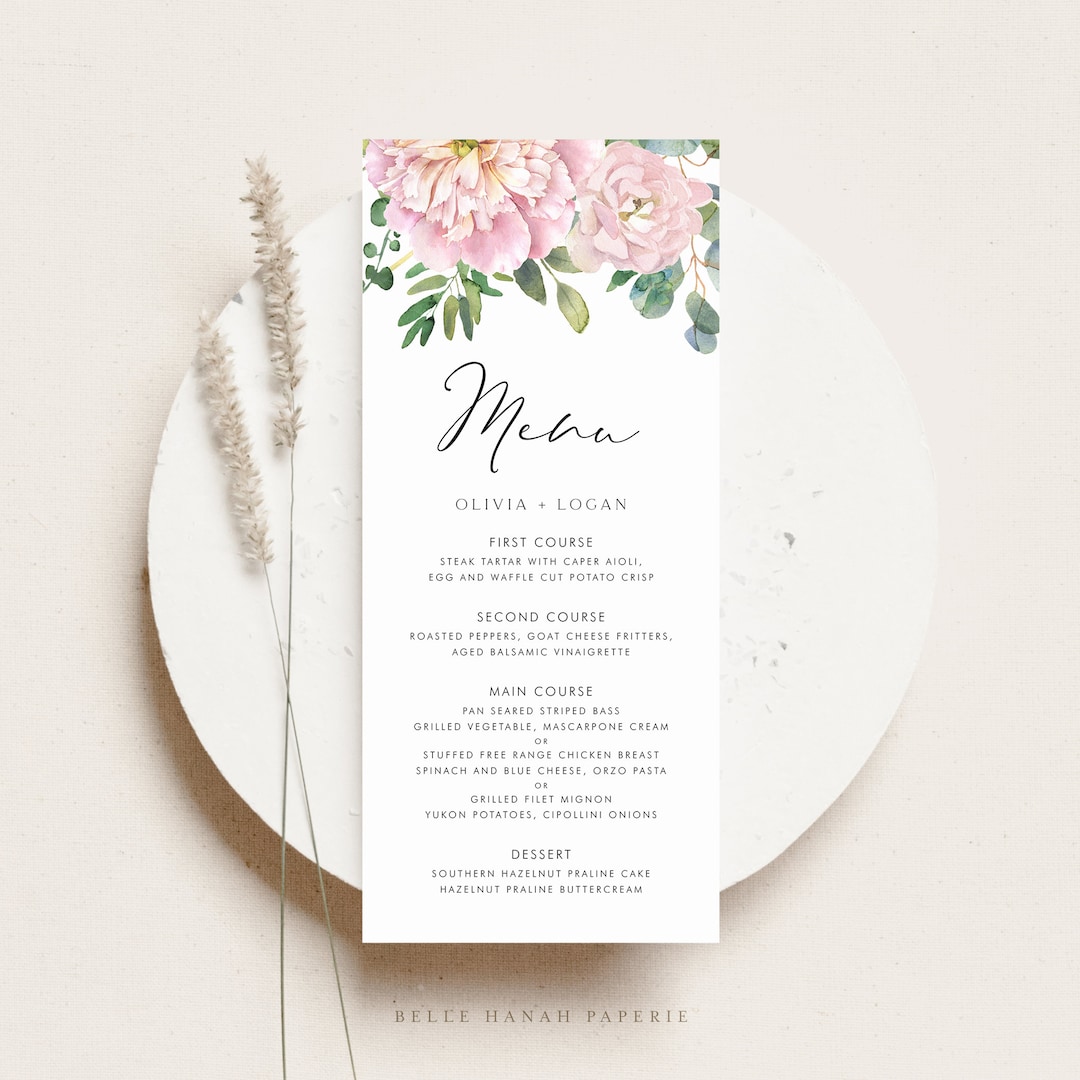 Printable Blush Floral Wedding Menu Card Template - DIY 4x9 Watercolor ...