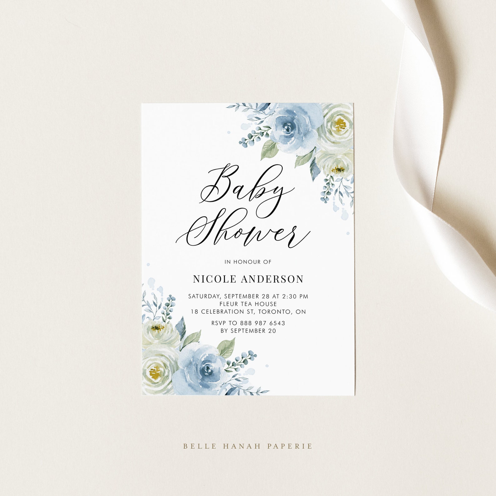 Printable Blue Floral Baby Shower Invitation Template | Etsy