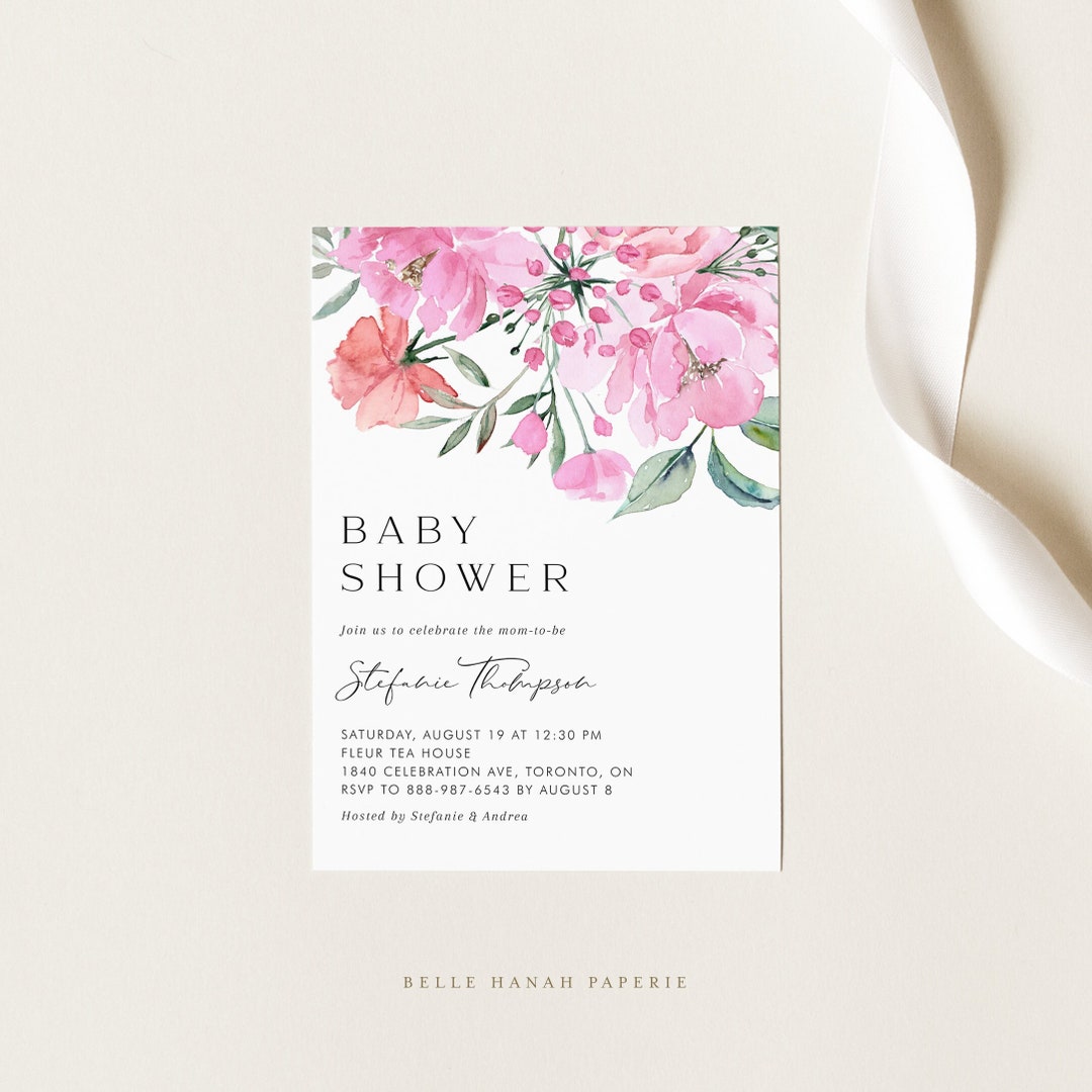 Printable Floral Baby Shower Invitation Template - Boho Watercolor Pink ...