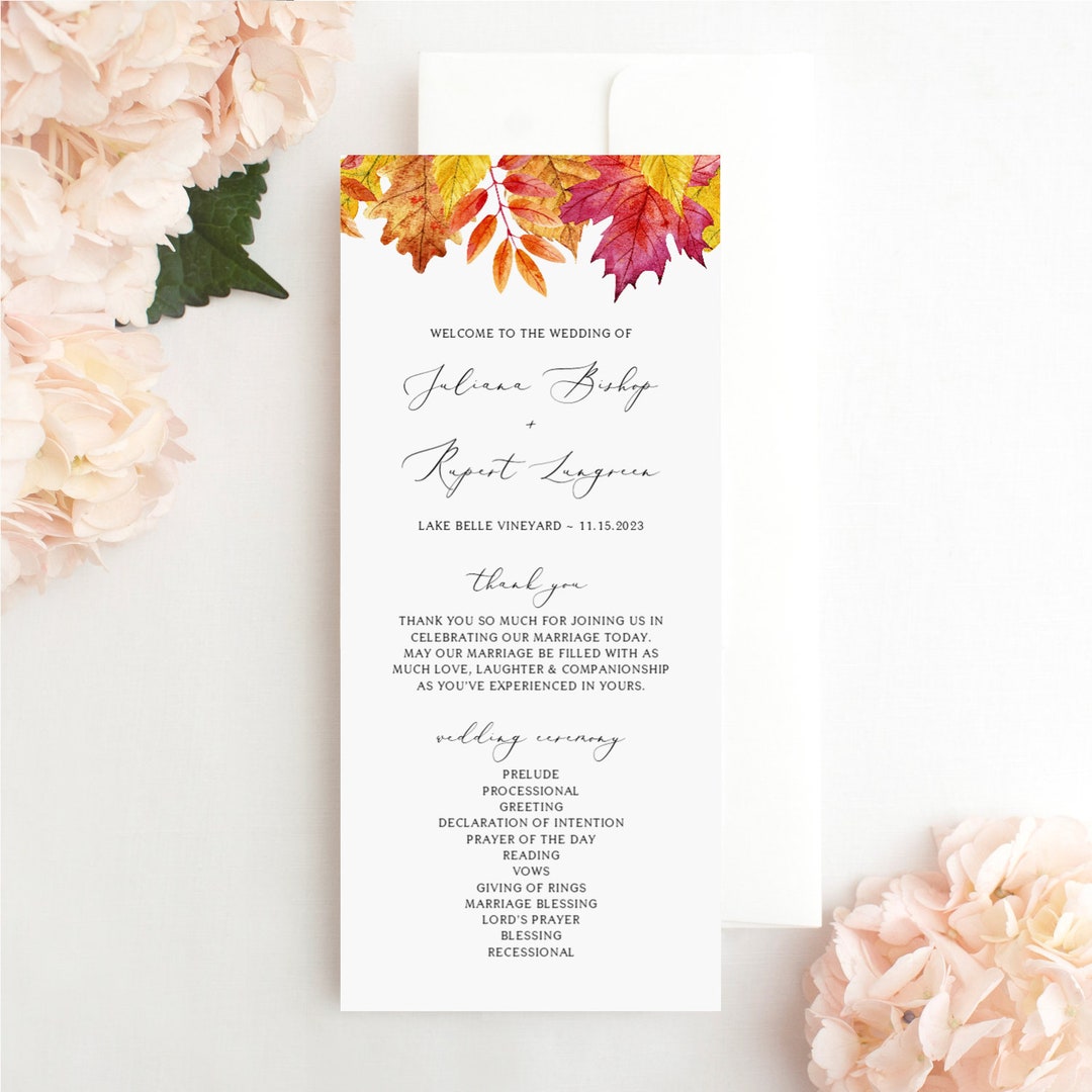 Fall Wedding Programs Template - Printable Watercolor Falling Leaves ...