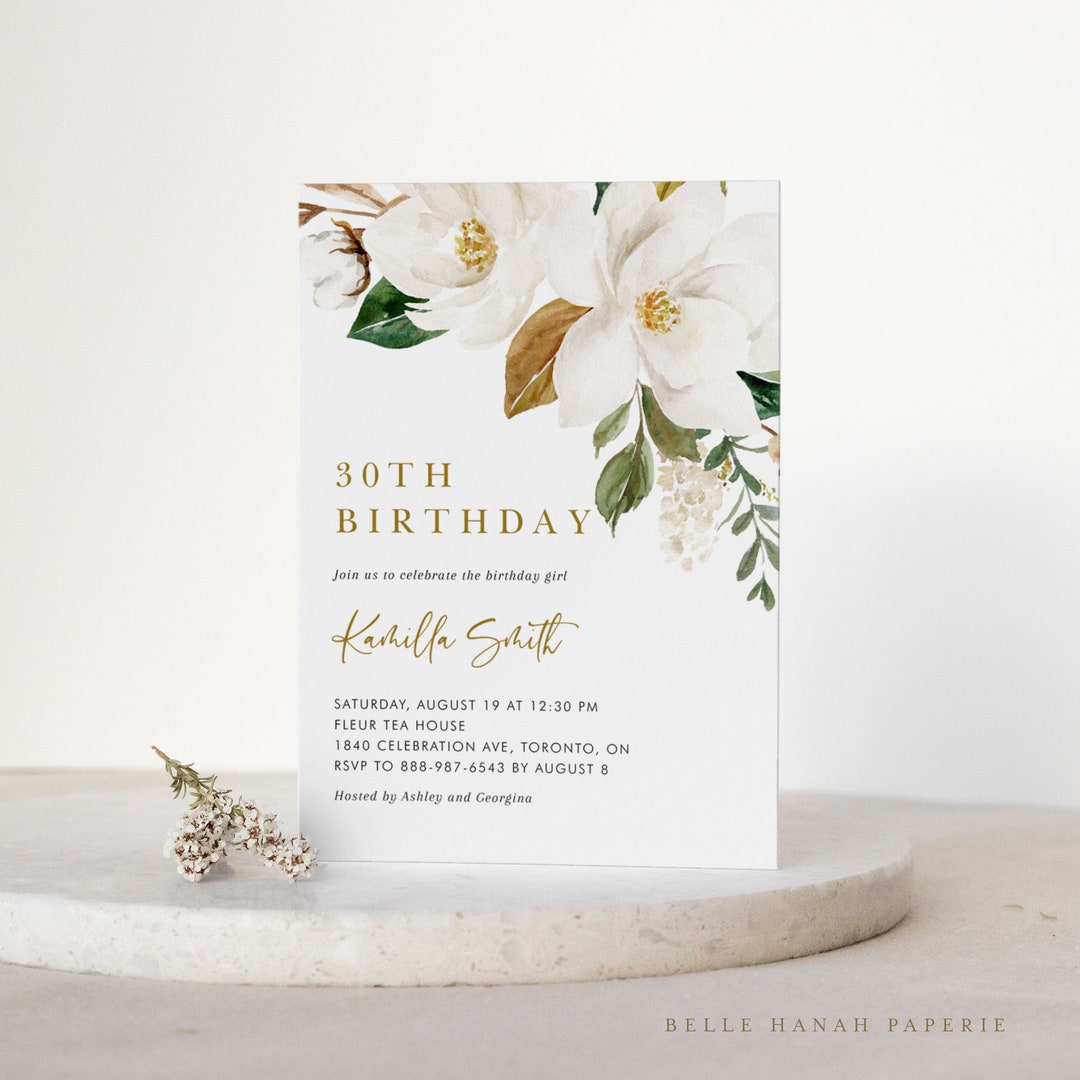 Printable Boho Magnolia Birthday Party Invitation Template - DIY Rustic ...