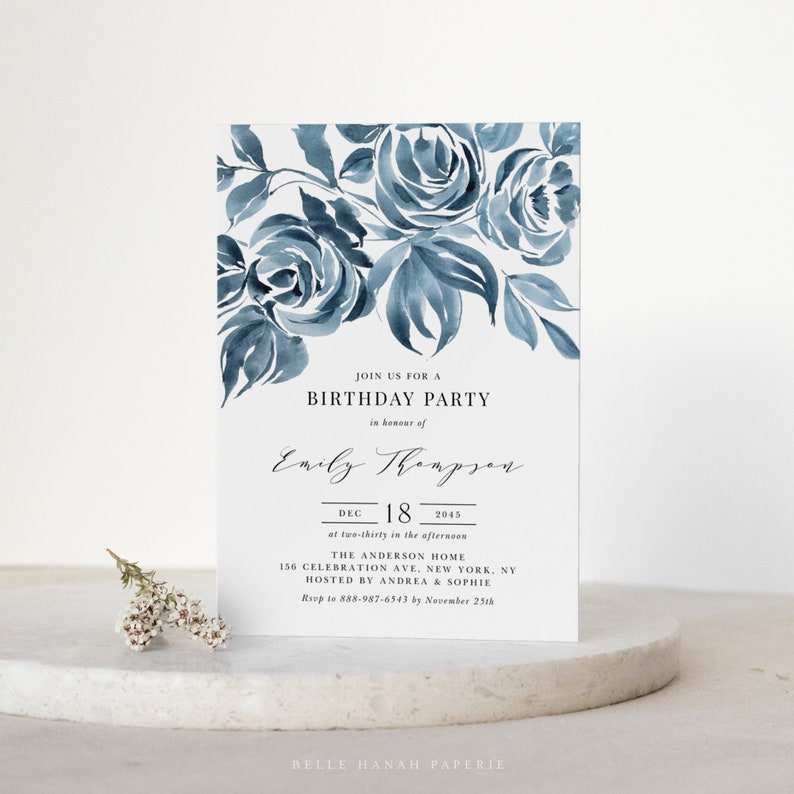 Printable Blue Floral Birthday Party Invitation Template - DIY Blue ...
