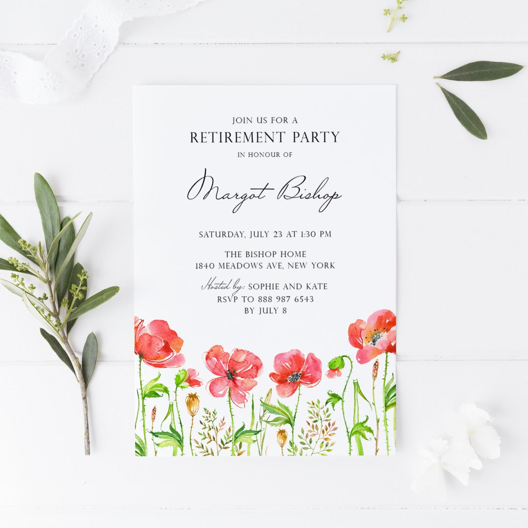Printable Red Poppy Retirement Party Invitation Template - Watercolor ...