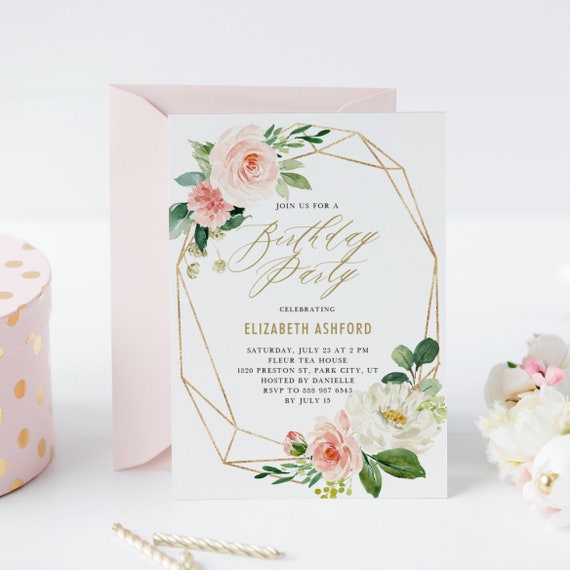 Flower Birthday Party Invitations Printable Spring Wreath Floral