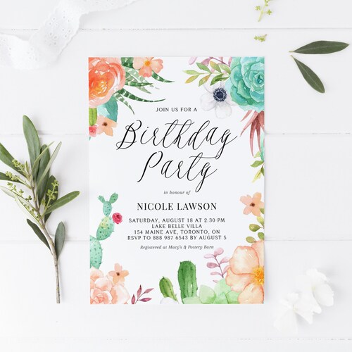 Floral Cactus Birthday Party Invitation Template Editable - Etsy