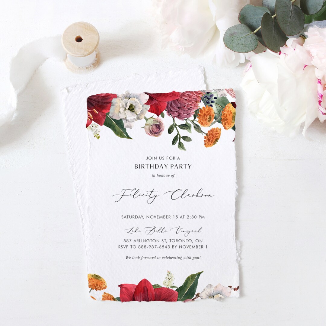 Printable Red Floral Birthday Party Invitation Template DIY Amaryllis ...