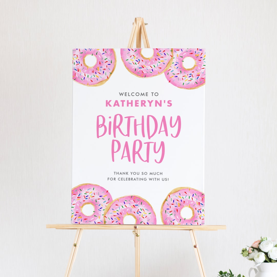 Pink Donuts Birthday Party Welcome Sign Template - Printable Watercolor ...