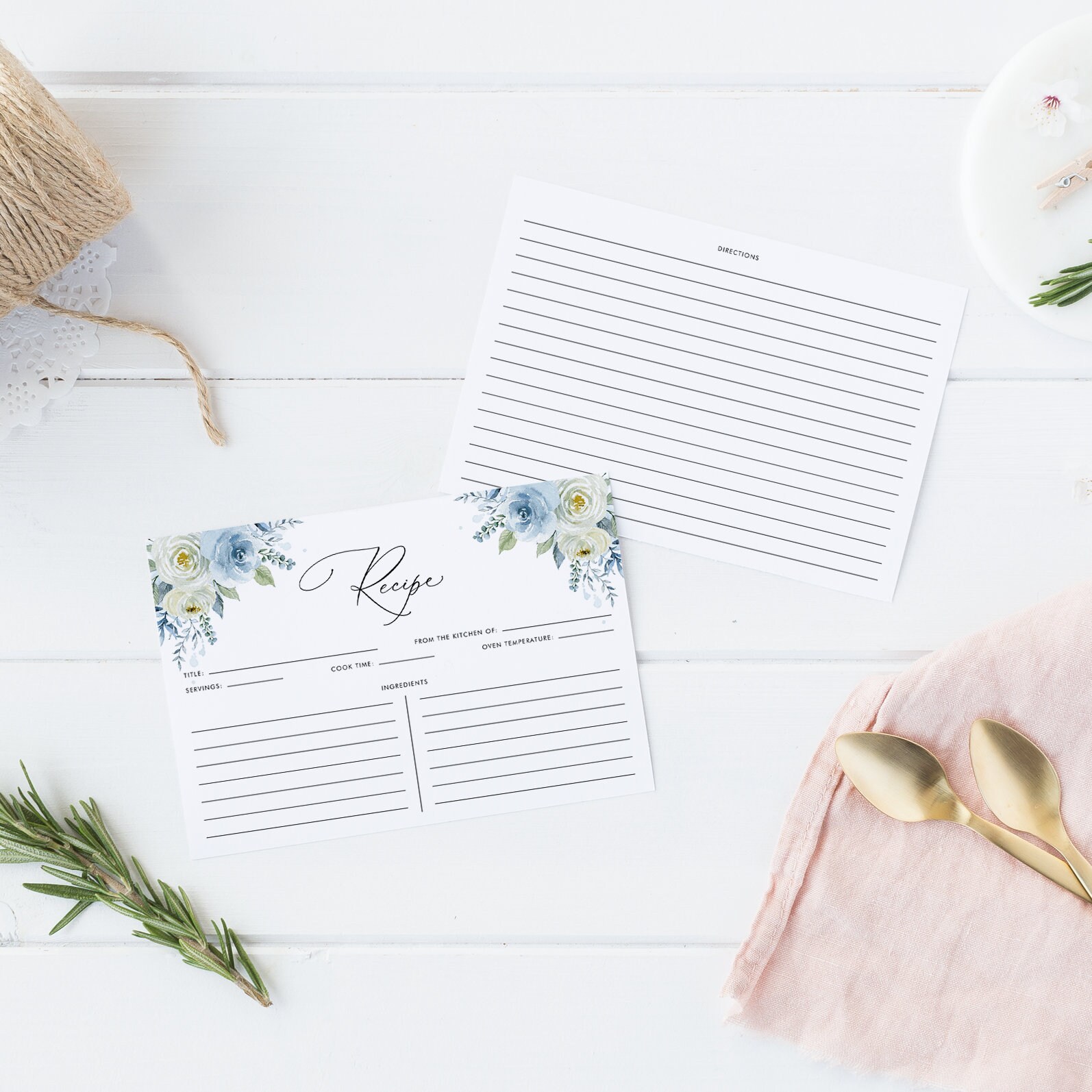 Printable Recipe Card 4x6 Watercolor Blue and Ivory Roses | Etsy