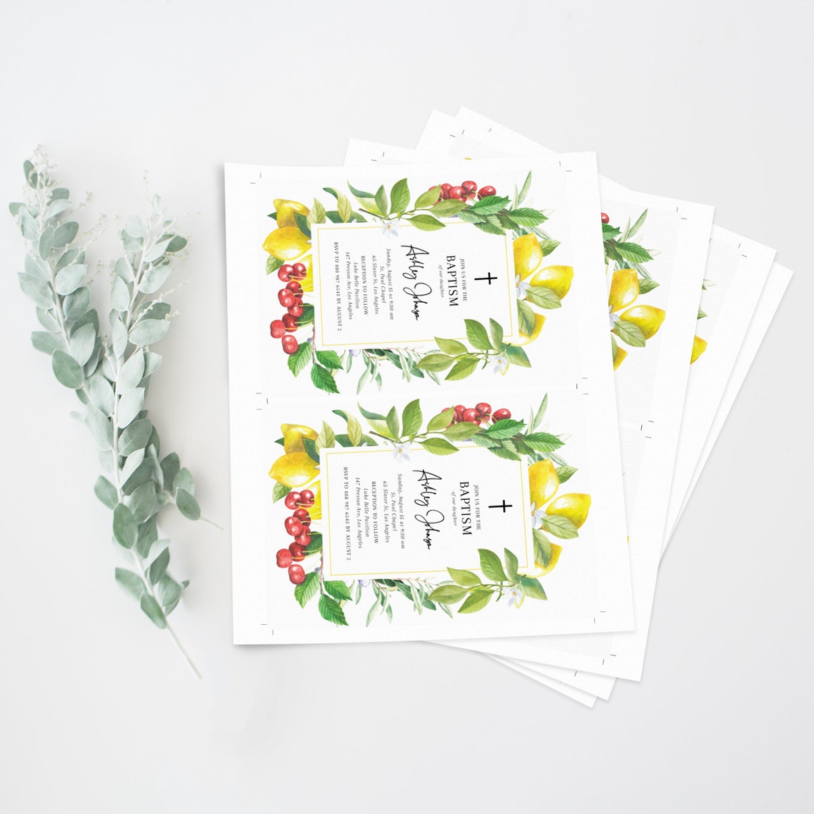 Printable Baptism Invitation Watercolor Lemon and Cranberry - Etsy