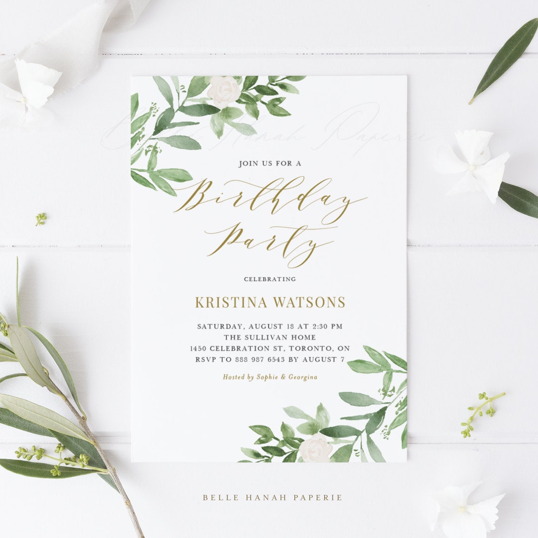 Printable Greenery Birthday Invitation Template - DIY Watercolor ...
