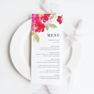 Printable Pink Floral Wedding Menu Card Template - 4x9 Hand Painted Hot ...