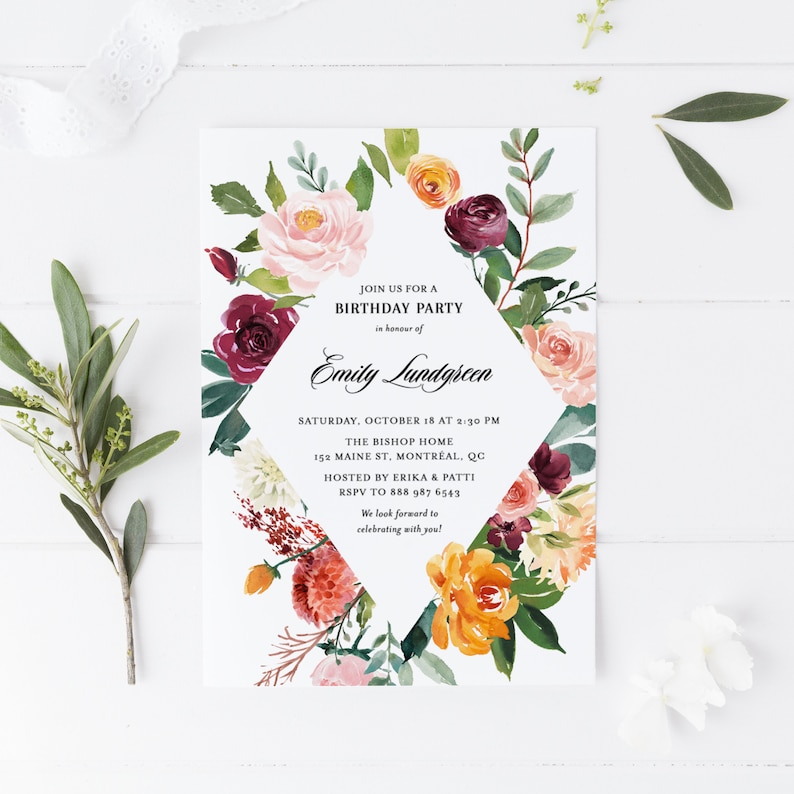 Printable Fall Floral Birthday Party Invitation Template - Watercolor ...