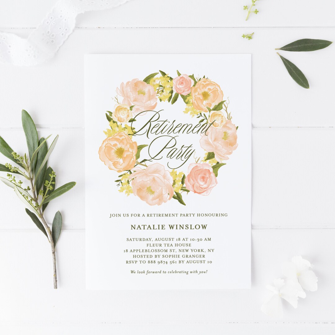 Printable Floral Wreath Retirement Party Invitation - DIY Watercolor ...