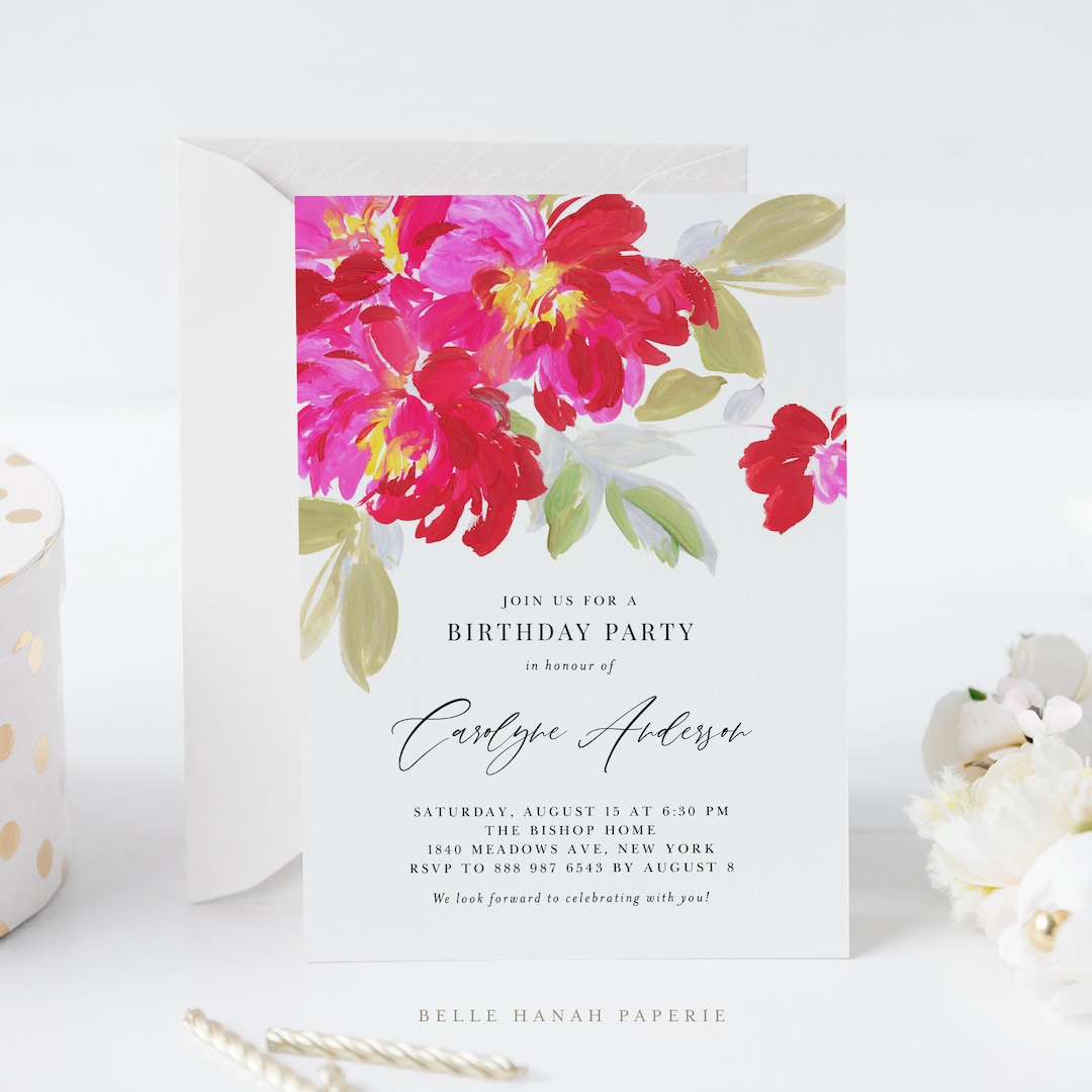 Printable Floral Birthday Party Invitation Template - Hand Painted Hot ...