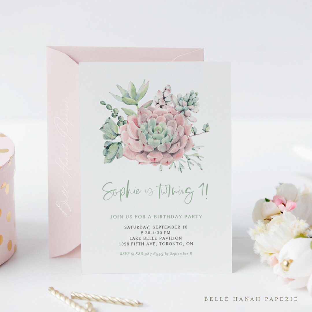 Printable Succulents Birthday Invitation Template - Watercolor Pastel ...