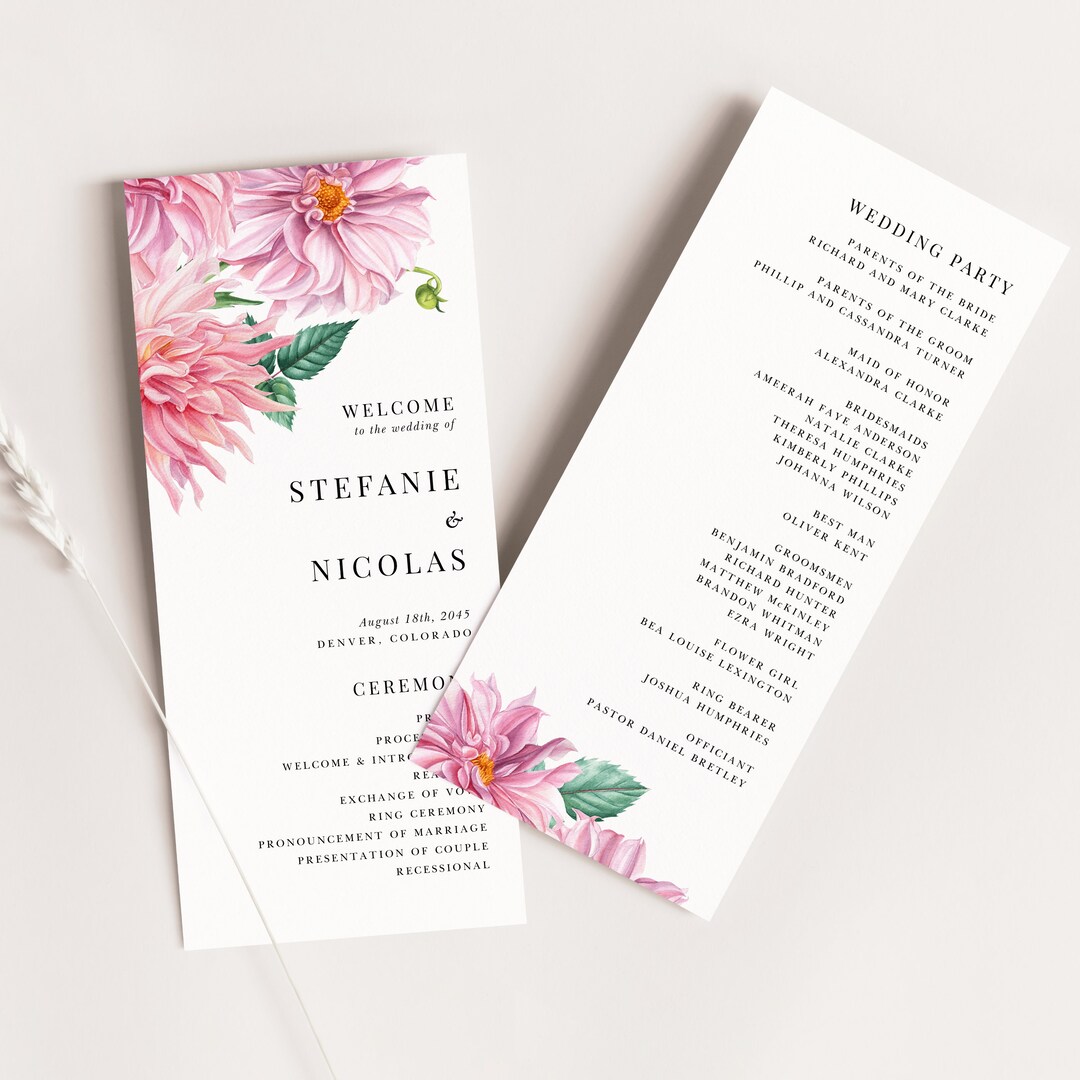Printable Pink Floral Wedding Programs Template - 4x9 DIY Pink ...