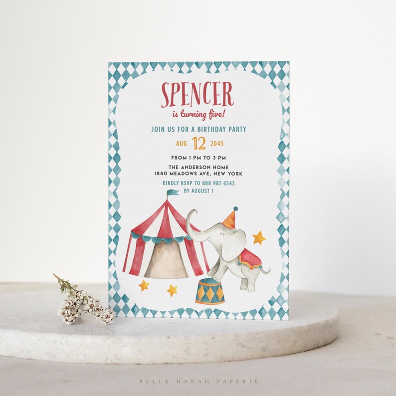 Printable Circus Kids Birthday Party Template - Watercolor Elephant ...