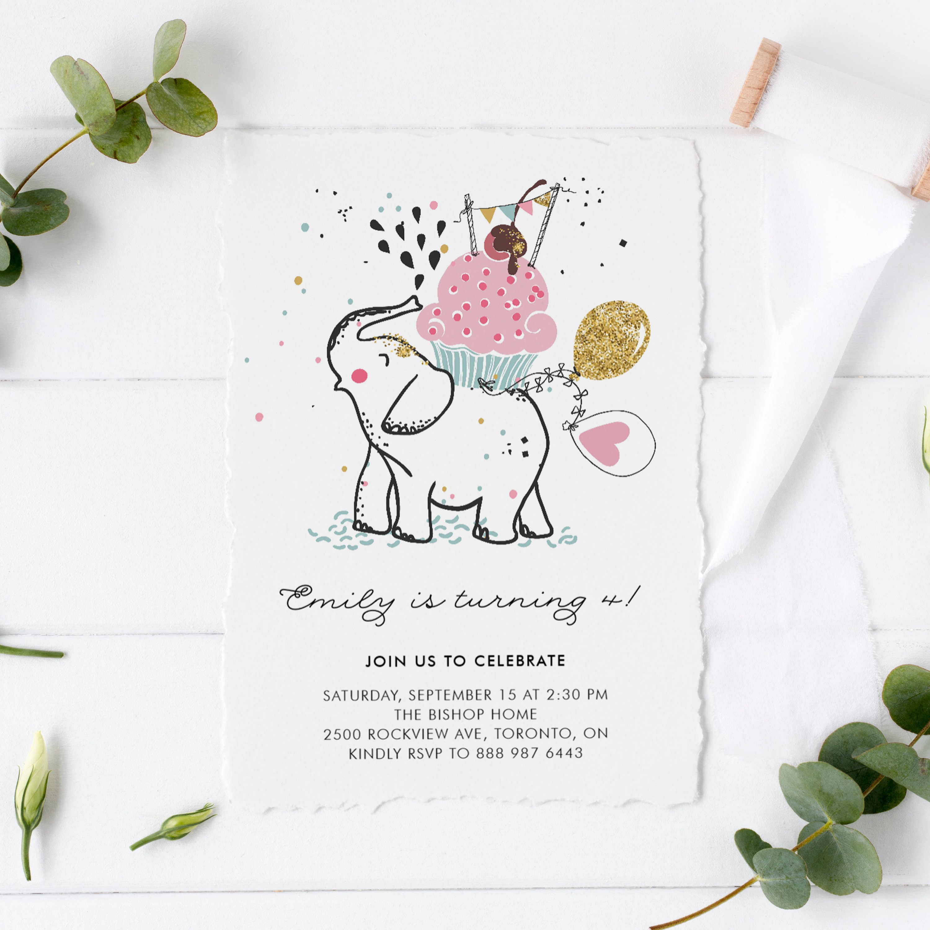 Printable Elephant Birthday Invitation Template - Editable Cute ...