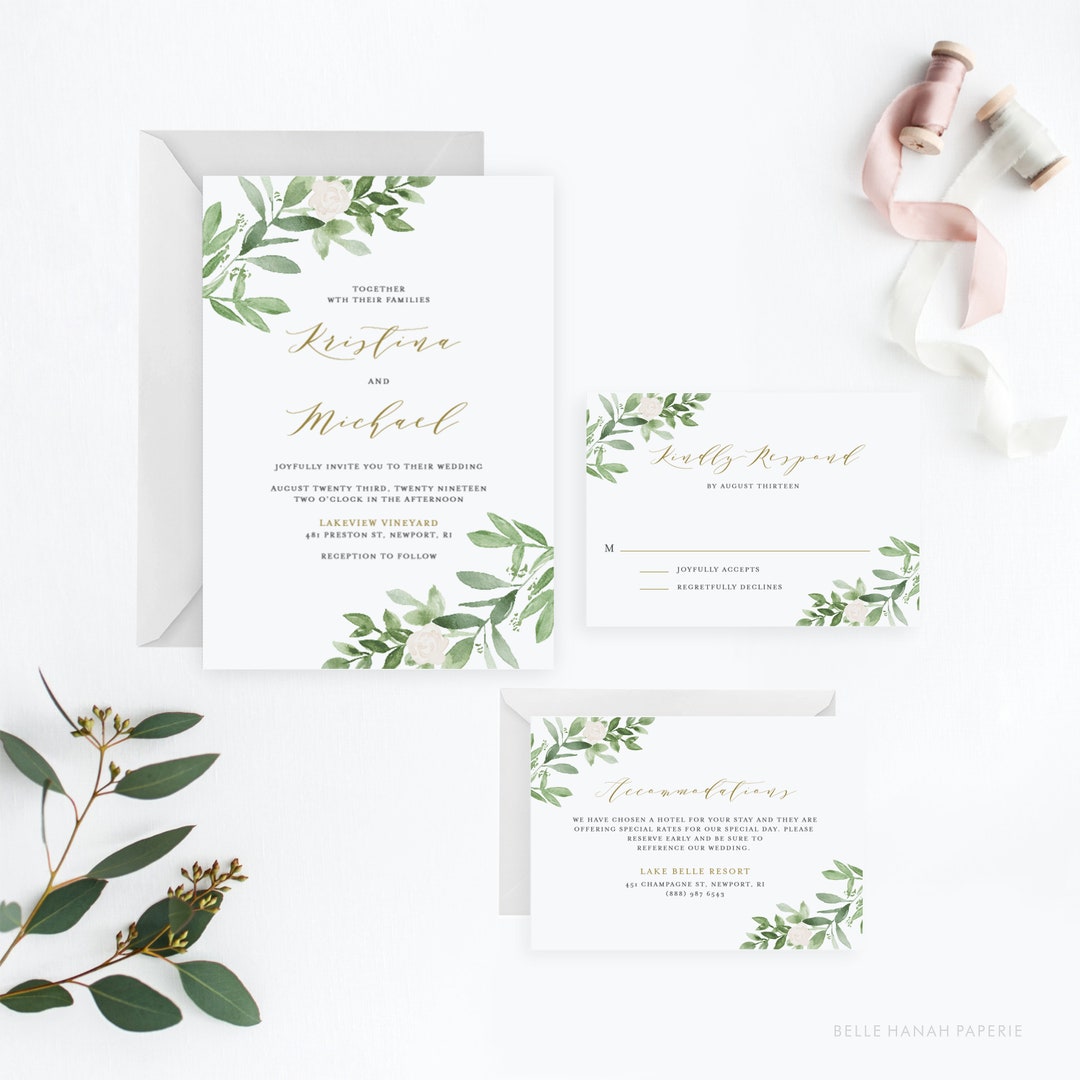 Printable Greenery Wedding Invitation Set Template - Watercolor ...