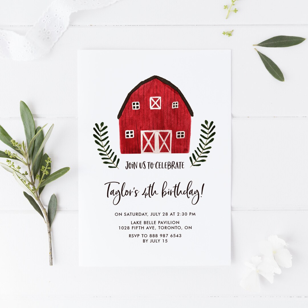 Printable Farm Theme Birthday Invitation Template - DIY Watercolor Red ...