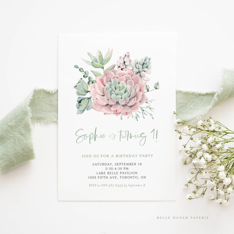 Printable Succulents Birthday Invitation Template - Watercolor Pastel ...