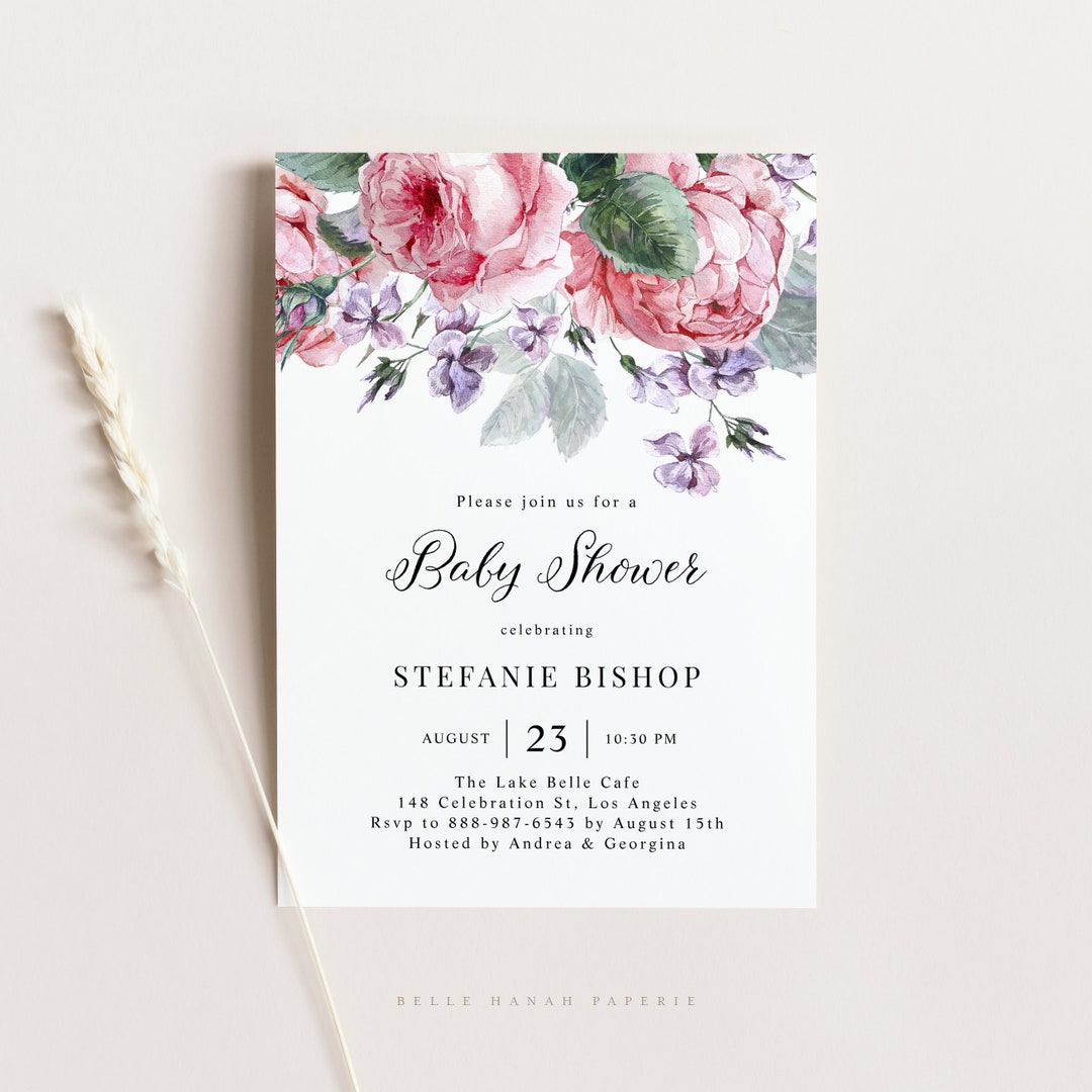 Printable Rose Baby Shower Invitation Template - DIY Watercolor Pink ...