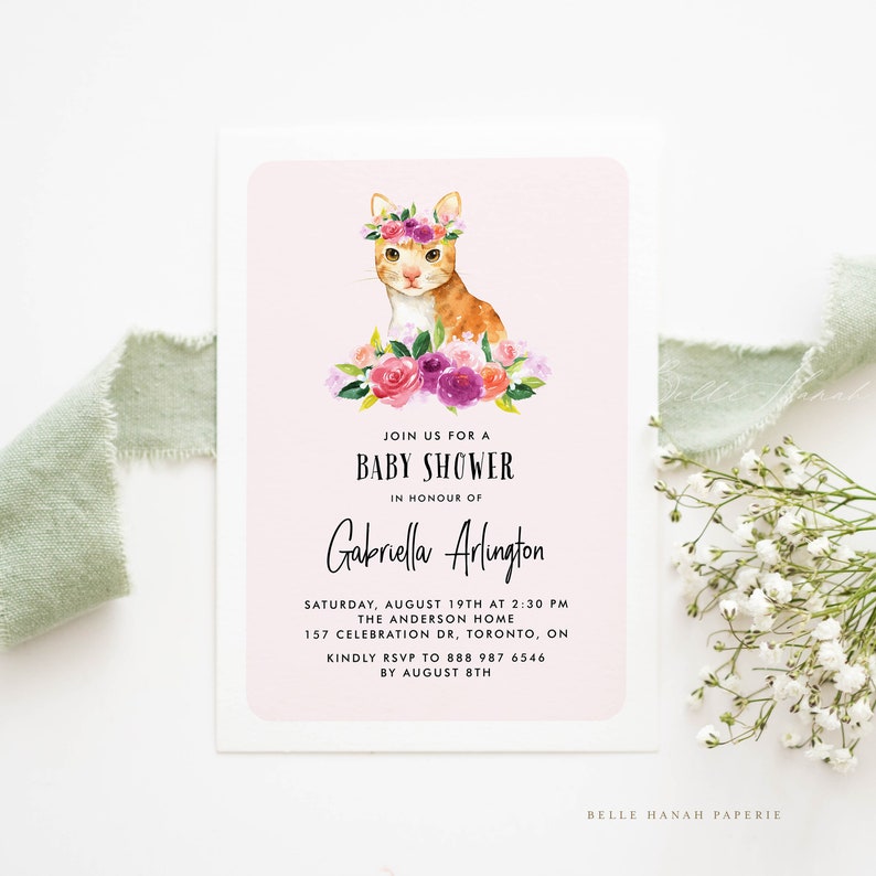 Printable Cat Baby Shower Invitation Template - DIY Watercolor Orange ...