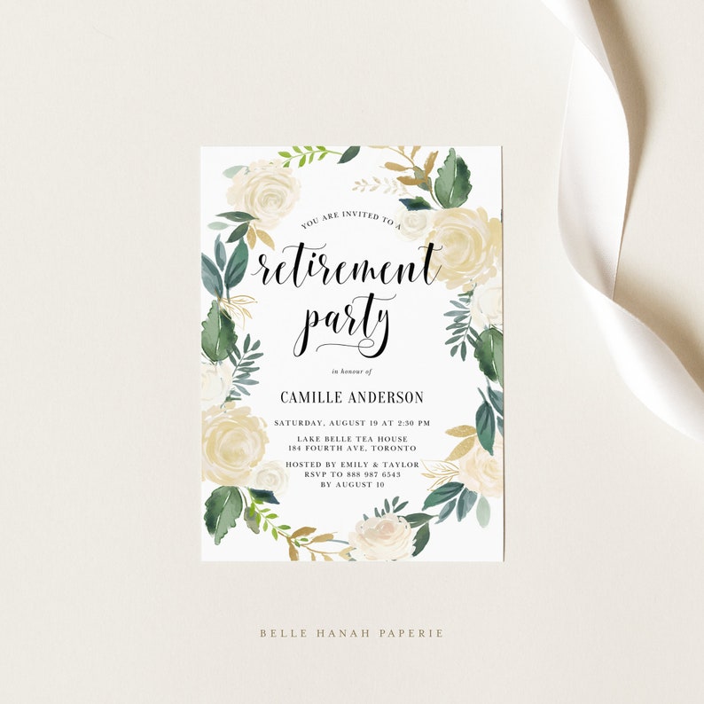 Printable Floral Wreath Retirement Party Invitation Template - Etsy