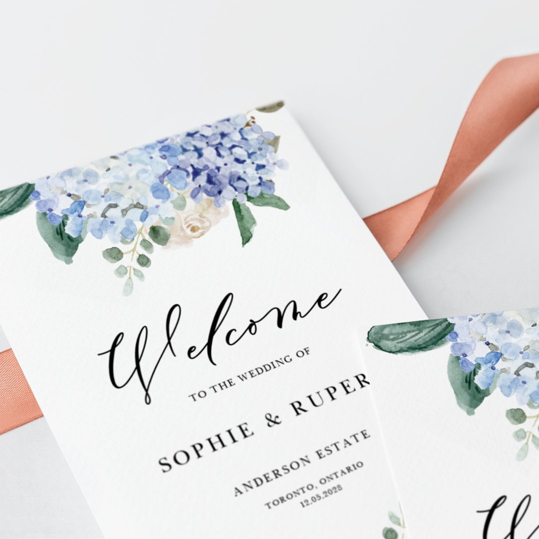 Printable Hydrangea Wedding Program Booklet Template - Blue Hydrangeas & Ivory Roses Wedding ...
