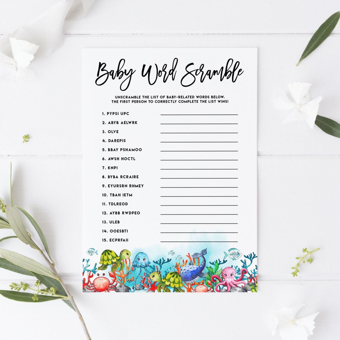 Under the Sea Baby Word Scramble Card - Printable Watercolor Turtle ...