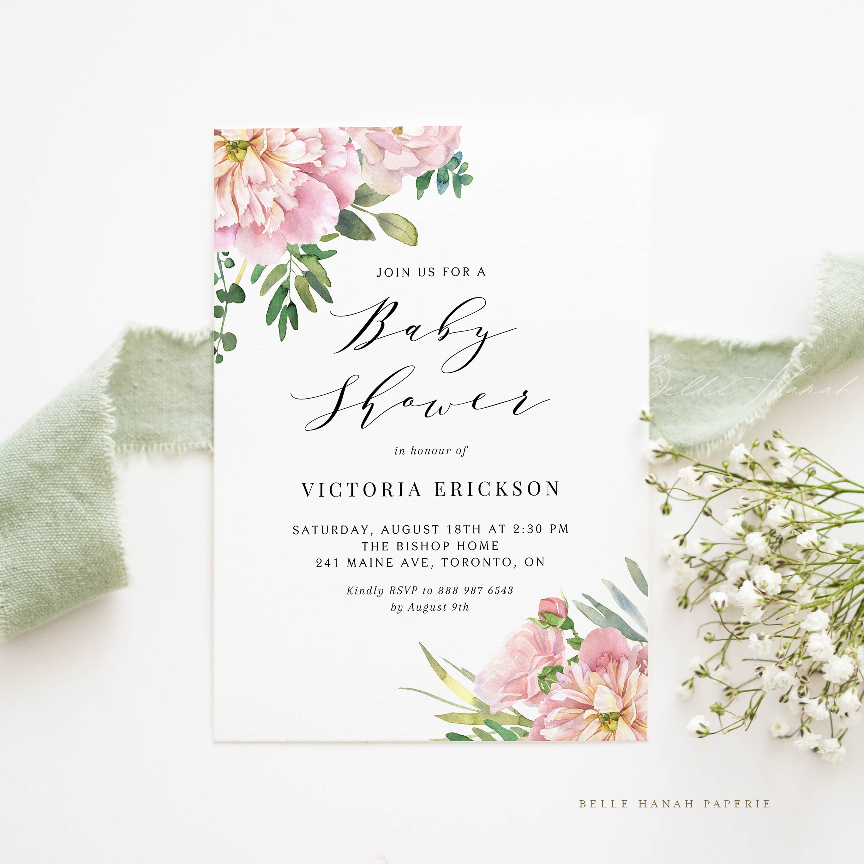 Printable Floral Baby Shower Invitation Template - DIY Watercolor Pink ...