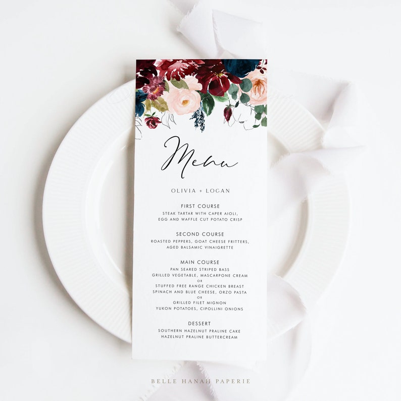 Printable Rustic Flowers Menu Card Template DIY Boho Dark - Etsy
